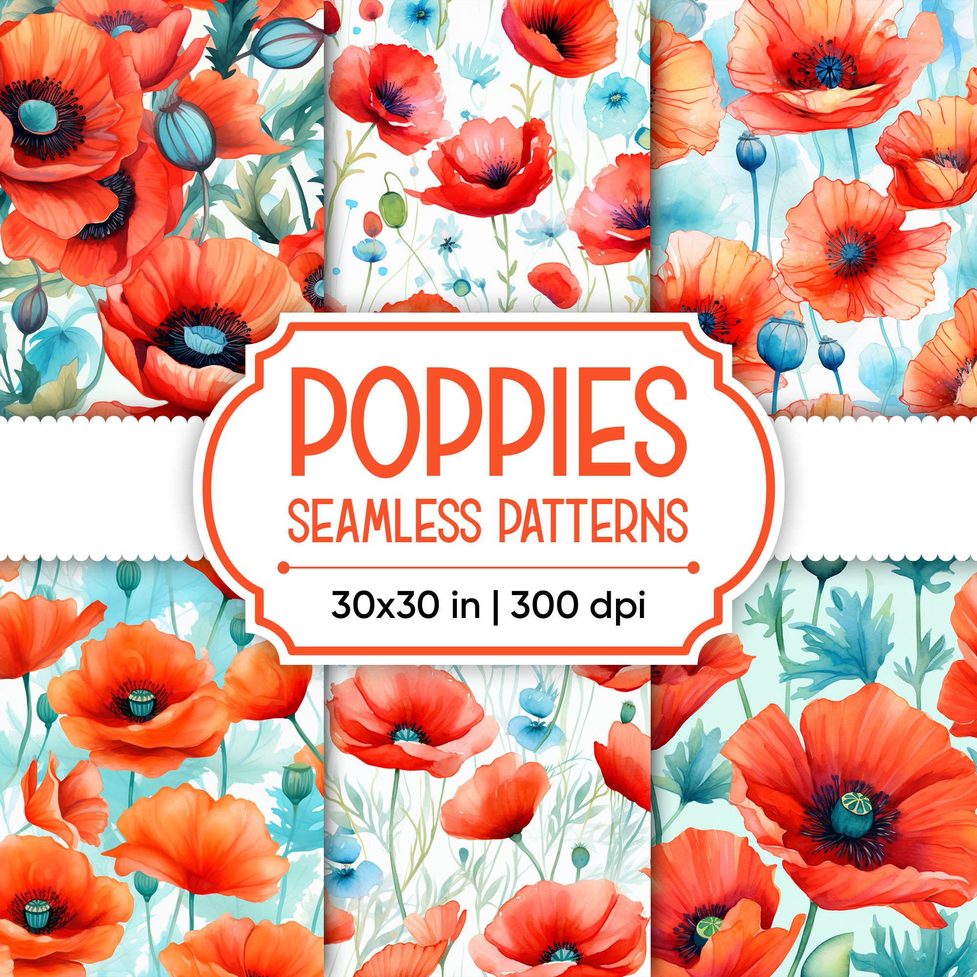 Poppy Digital Paper, Printable Poppy, Seamless Pattern, Poppy Seed ...