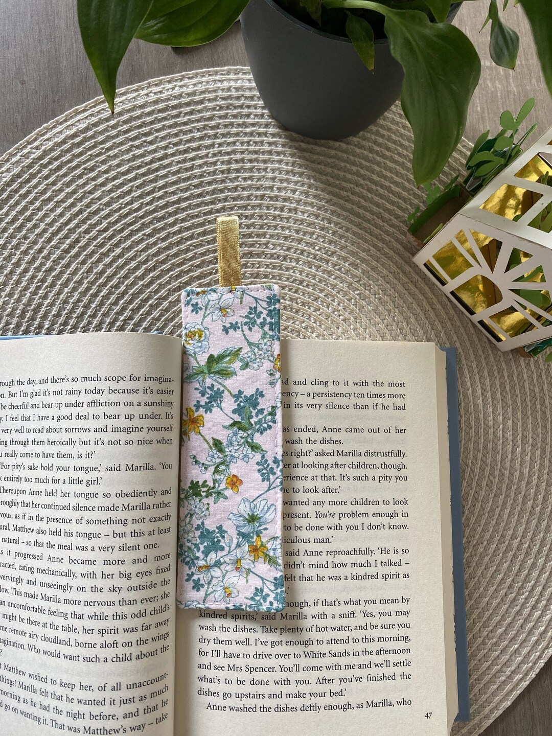 Bookmark in Floral Fabric and Gold Polka Dots - Etsy