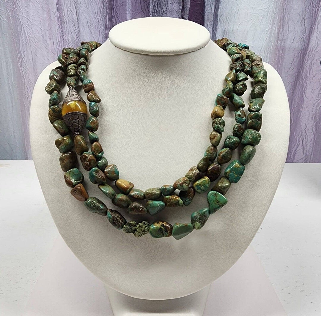 Vintage Peyote Bird 3-strand Sterling Silver Natural Turquoise W/amber ...