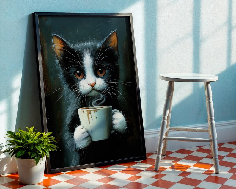 Cute Coffee Cat Wall Art Printable, Black and White Kitten Digital ...