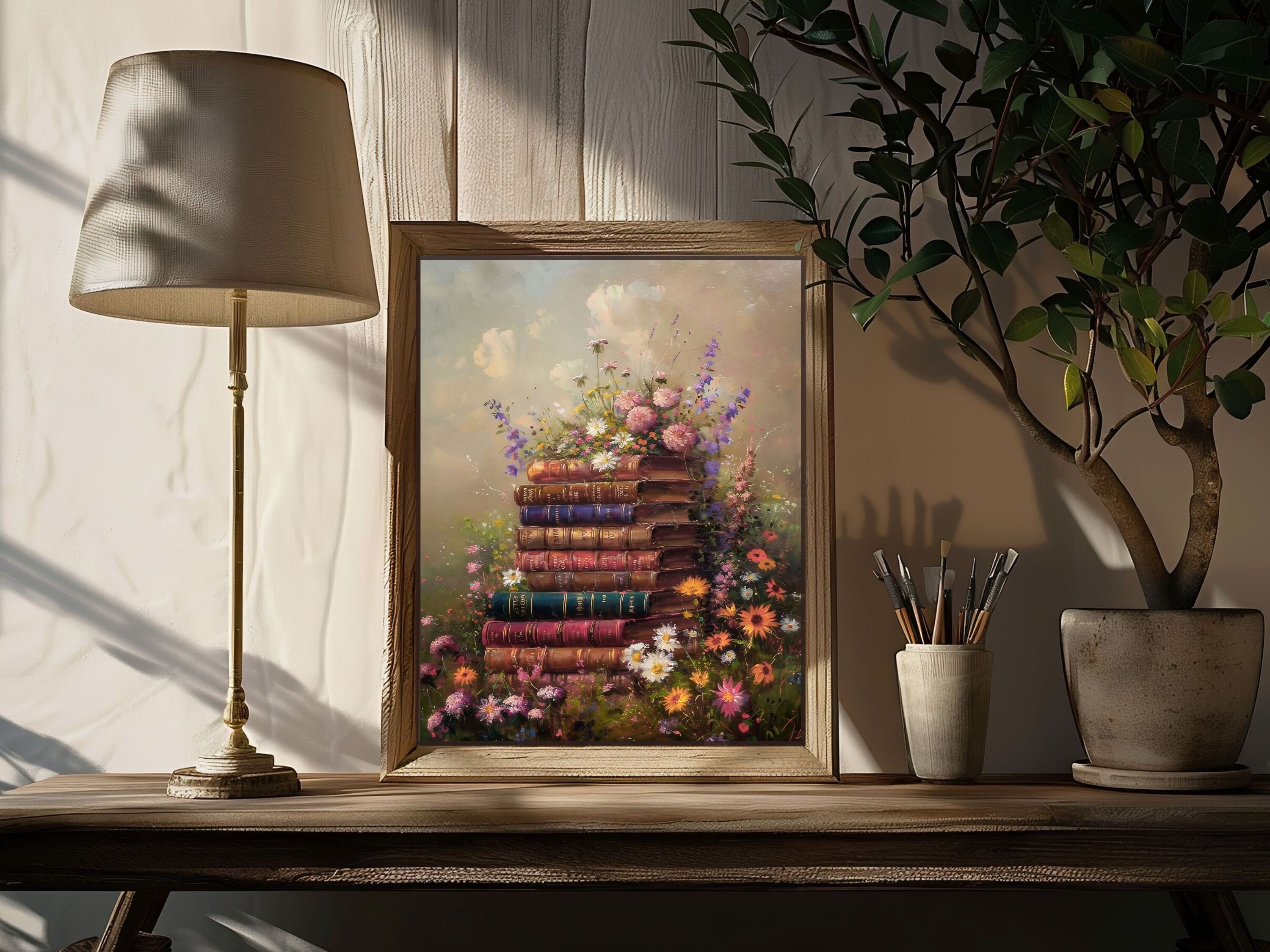 Whimsical Wildflower Library Aged Books and Florals Digital Art Rustic ...