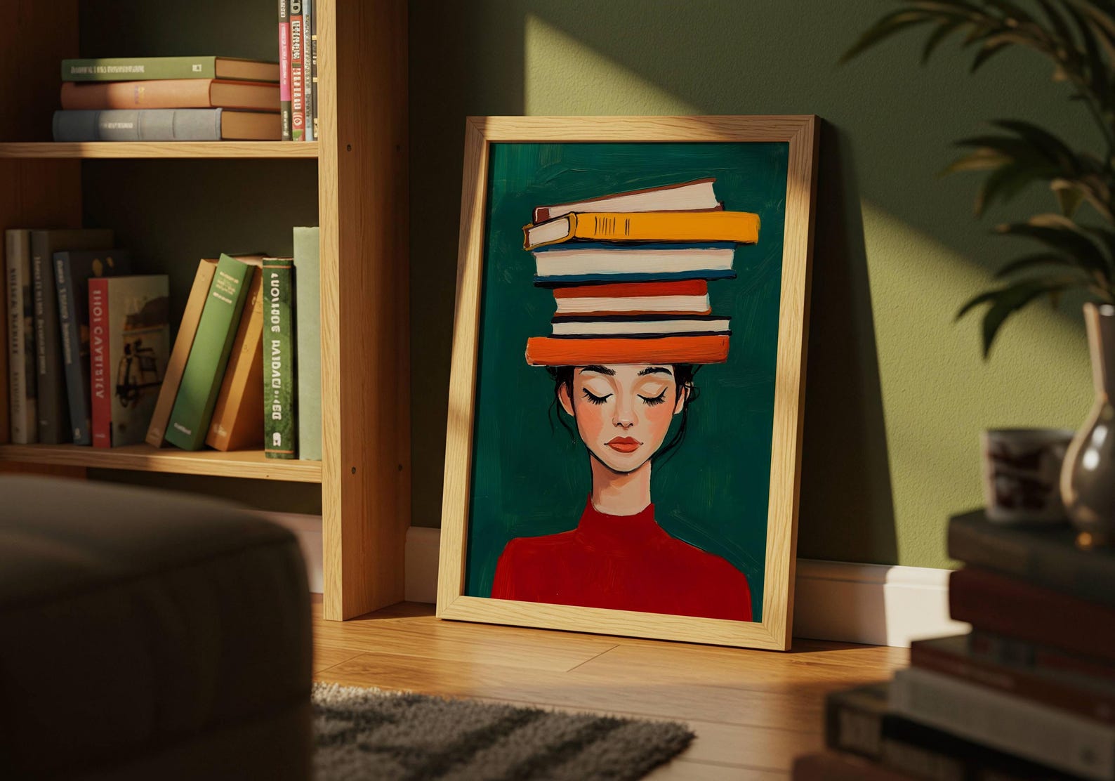 Book Lover Wall Art, Woman With Books on Head Print, Literary Decor ...