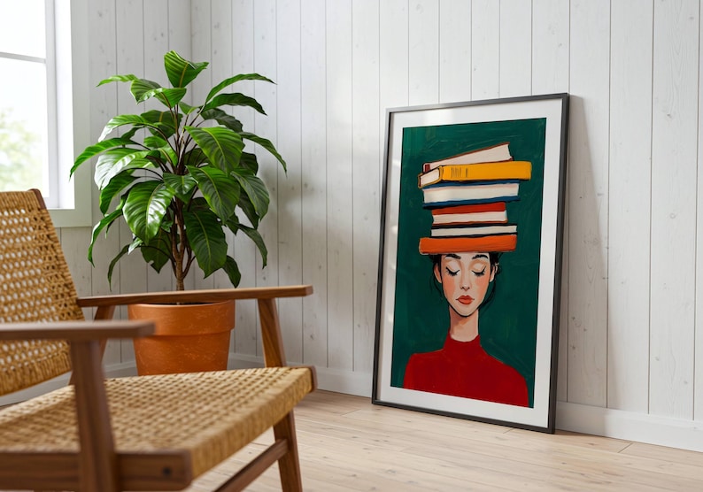 Book Lover Wall Art, Woman With Books on Head Print, Literary Decor ...