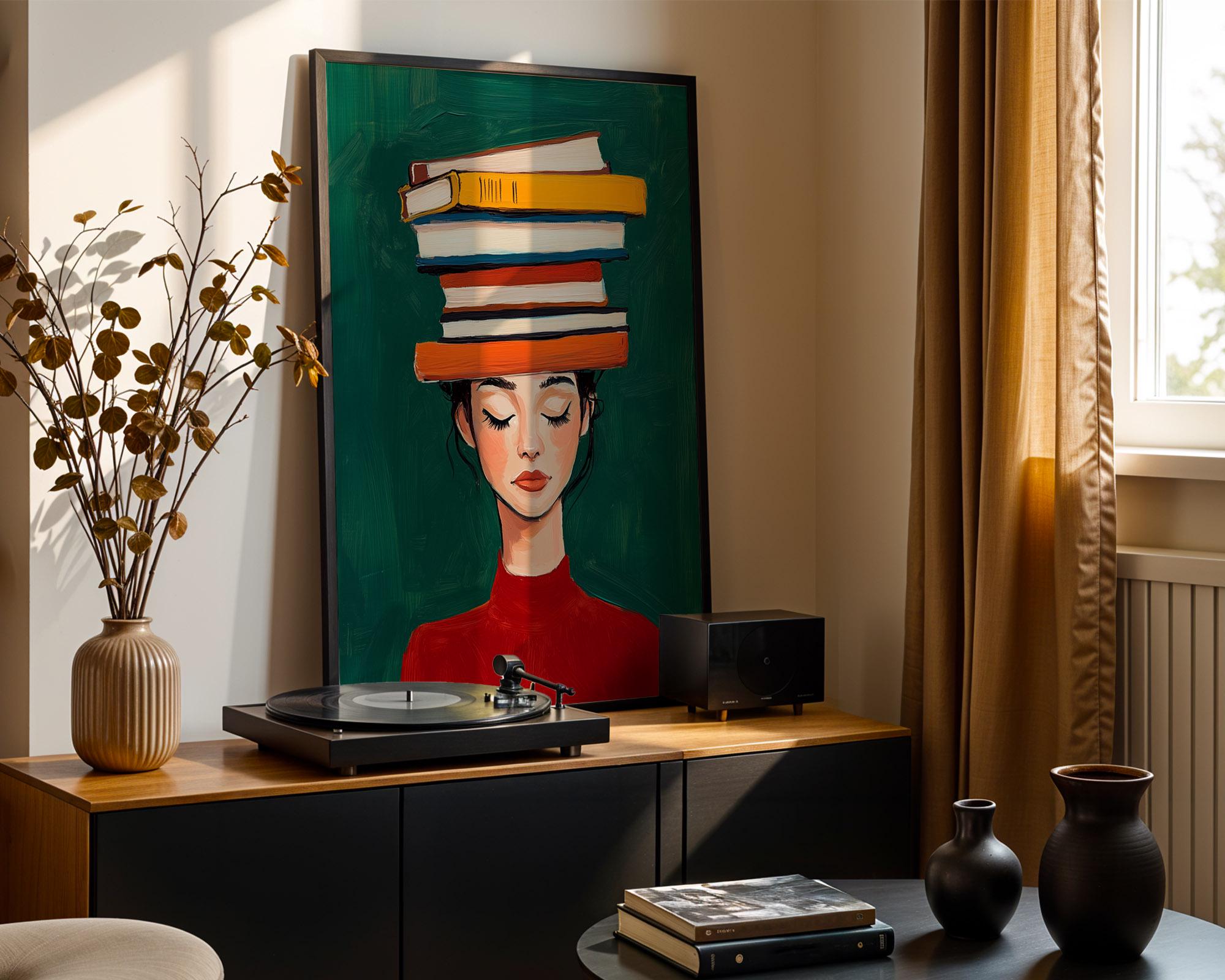 Book Lover Wall Art, Woman With Books on Head Print, Literary Decor ...