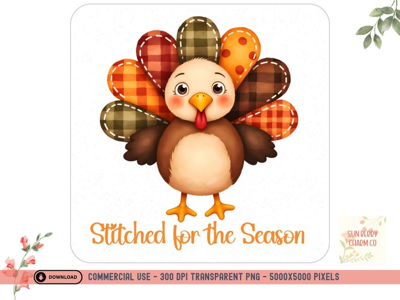 Stitched Turkey Digital, Fall PNG, Thanksgiving Clipart, Cute Turkey ...