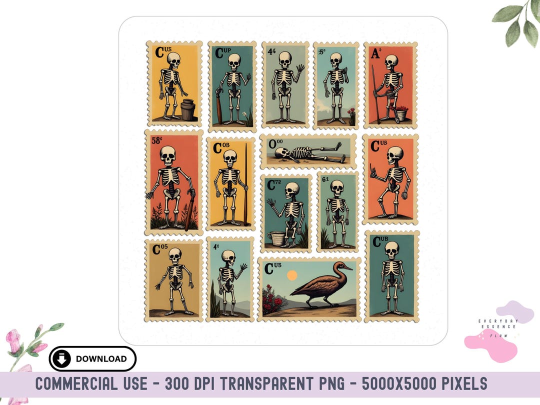 Skeleton Postage Stamp Png, Halloween Png Digital Download, Spooky ...