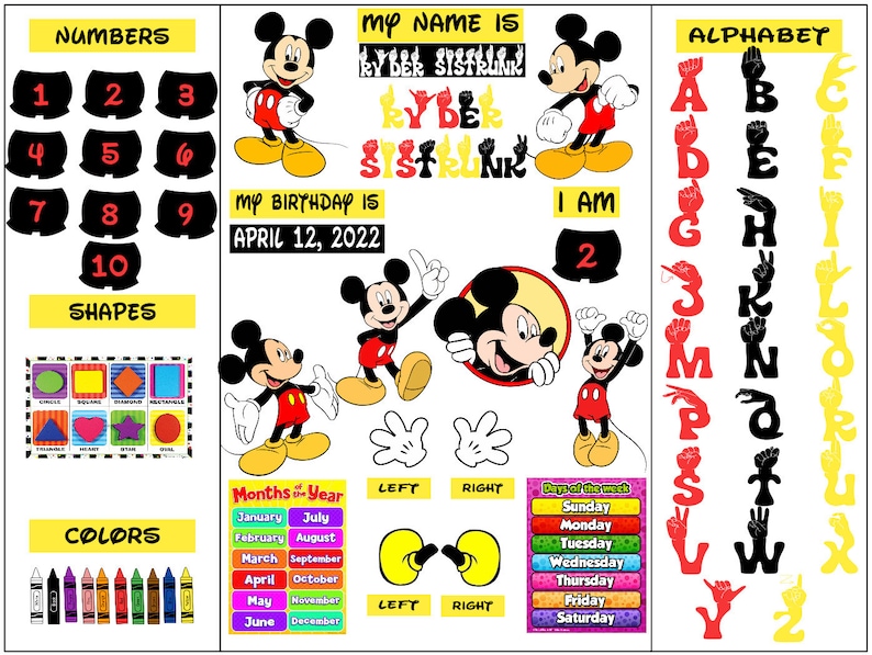 ASL Mickey Mouse Learning Board Diy - Learning Board Cut Out Pieces for ...