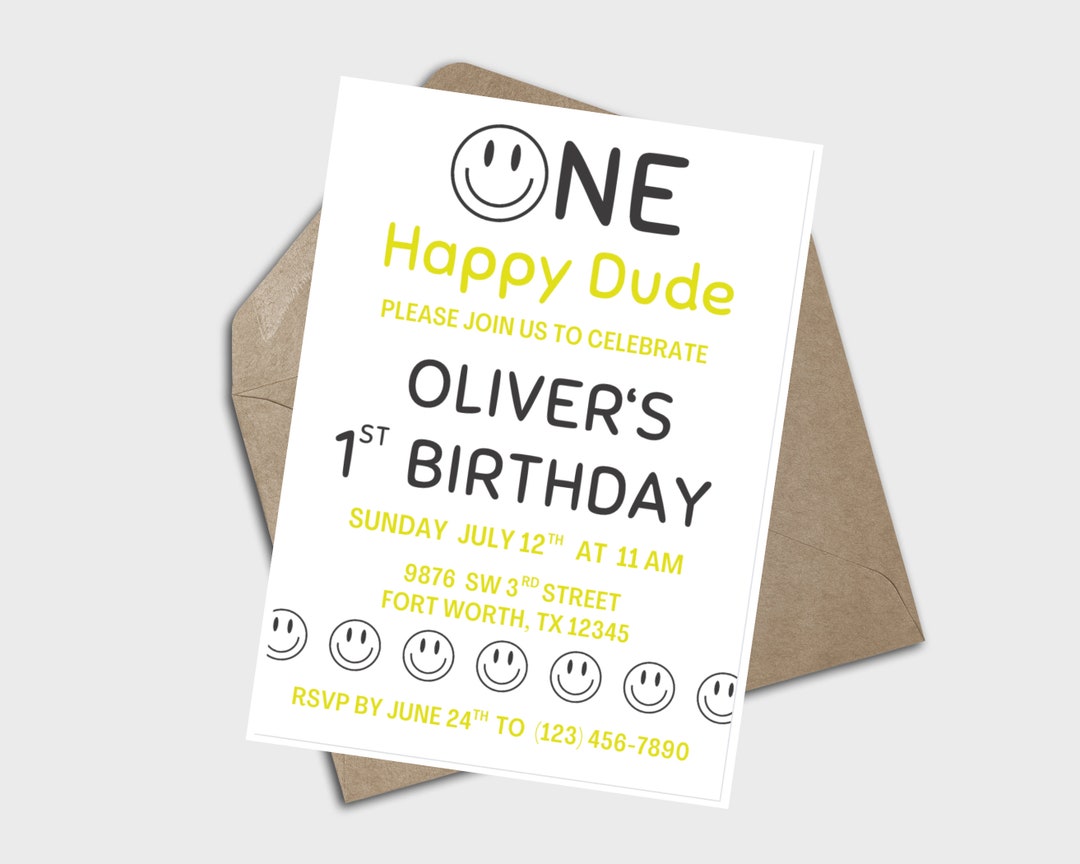 One Happy Dude Smiley Face First Birthday Editable Party Invitations - Etsy