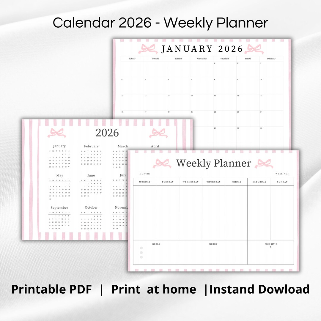 2026 Printable Calendar PDF, Weekly and Monthly Planner, Pink Bow ...