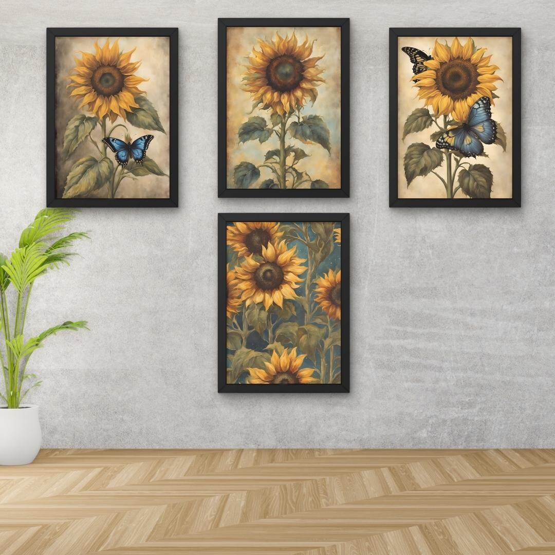 Sunflower Wall Art Set of 4 | Vintage Sunflower Prints | Rustic Floral ...