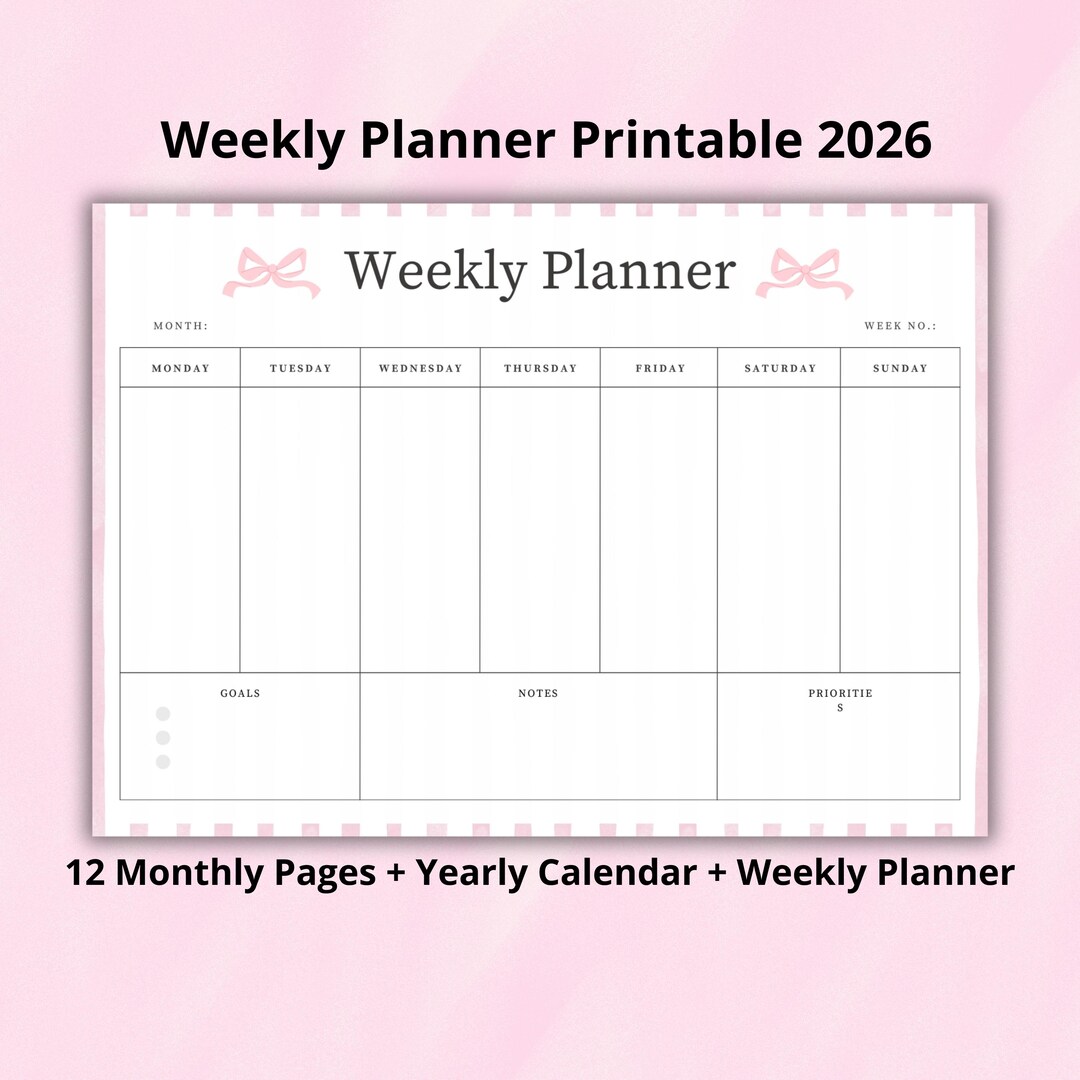 2026 Printable Calendar, Pink Bow Weekly Planner (PDF) - Etsy