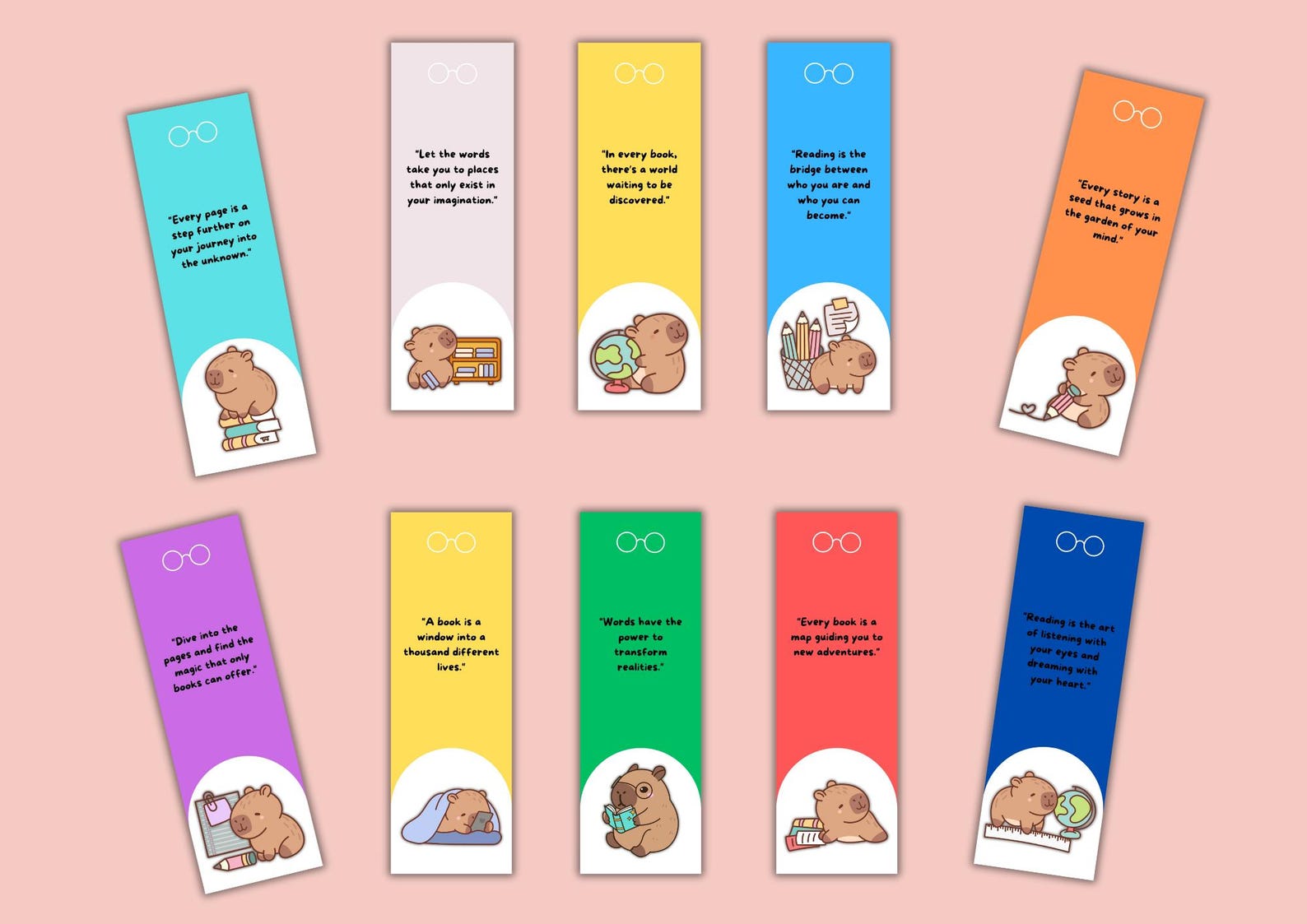 Set of 10 Kawaii Capybara Bookmarks Digital, Printable Bookmark Designs ...