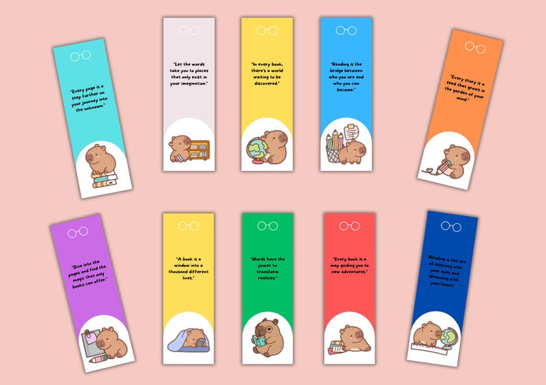 Set of 10 Kawaii Capybara Bookmarks Digital, Printable Bookmark Designs ...