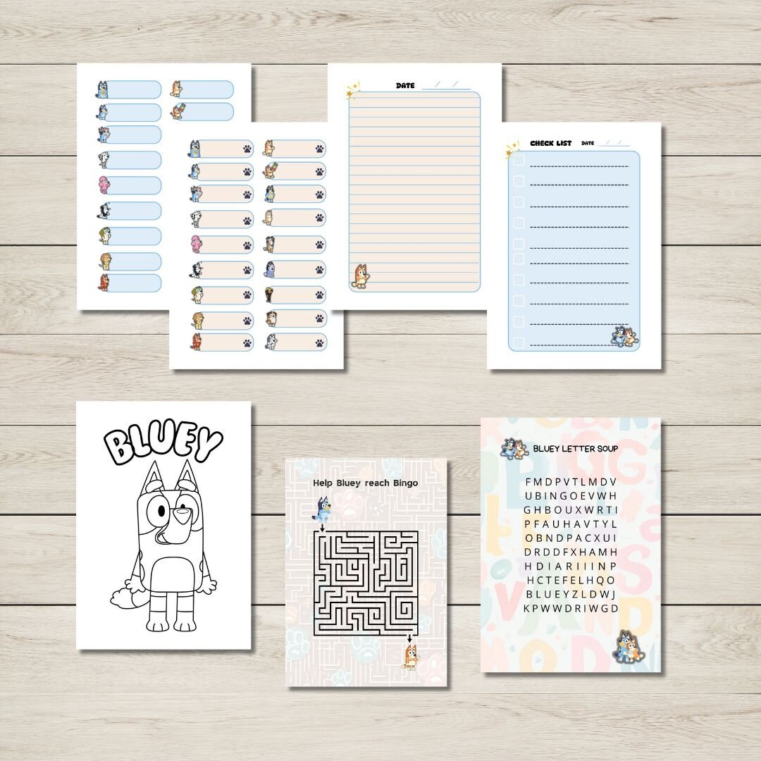 Bluey Digital Bundle: Coloring Pages, Mazes, Alphabet Soup, Notes ...
