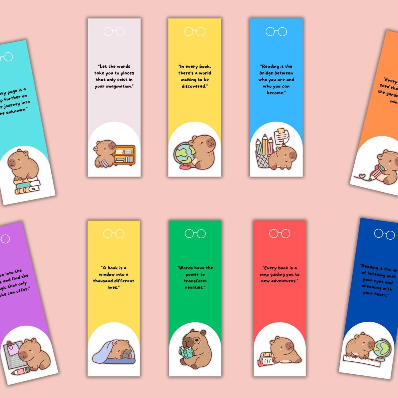 Kawaii Capybara Bookmarks – 10 Minimalist Reading Markers (digital ...