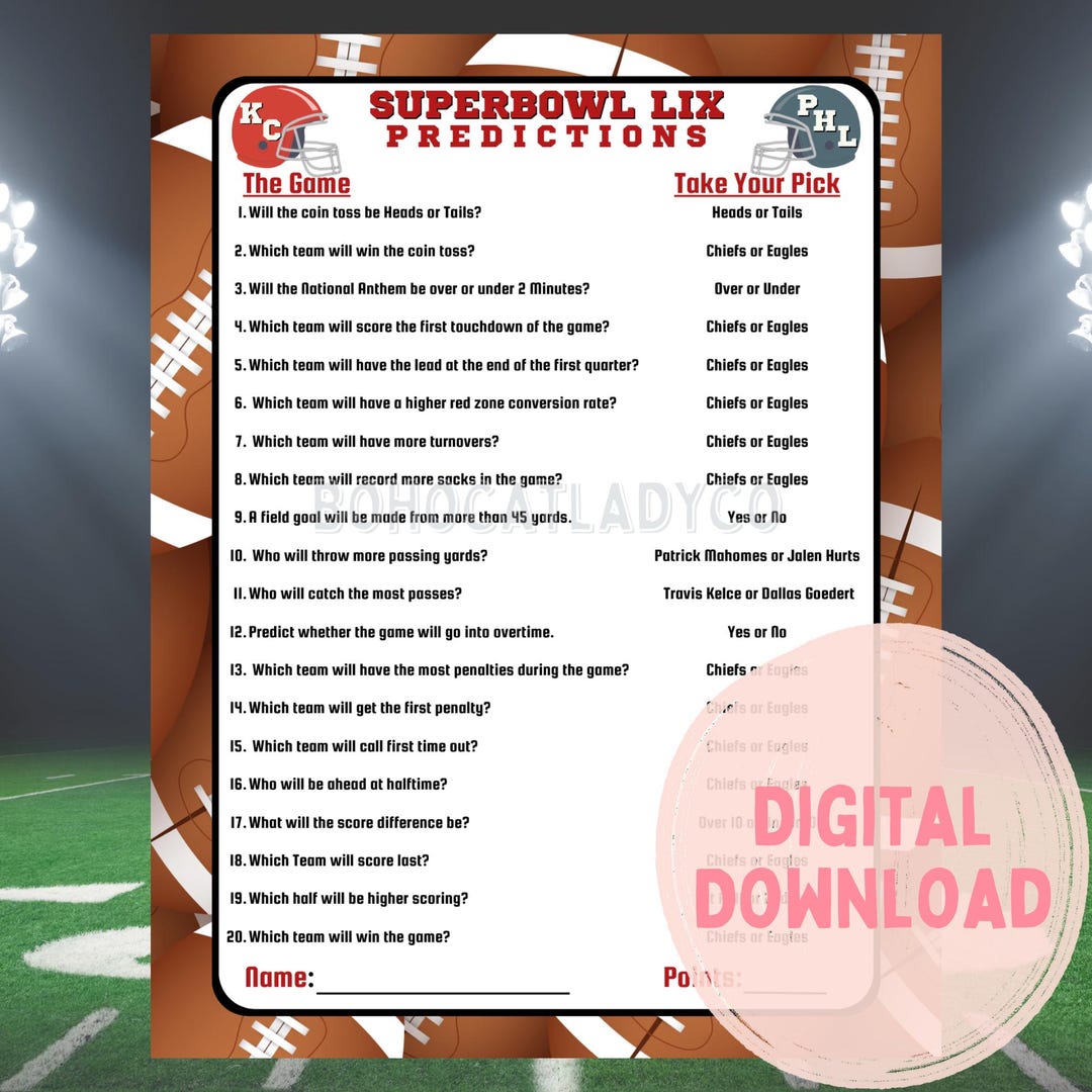 Superbowl Predictions Printable | Big Game LIX 2025 Game | Football ...