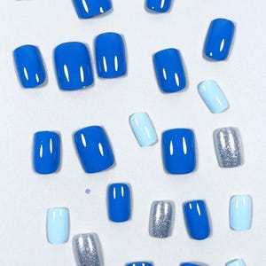 24pc Short Square Nails Set in Light & Dark Blue With Optional Sparkly Accent Nails - Etsy