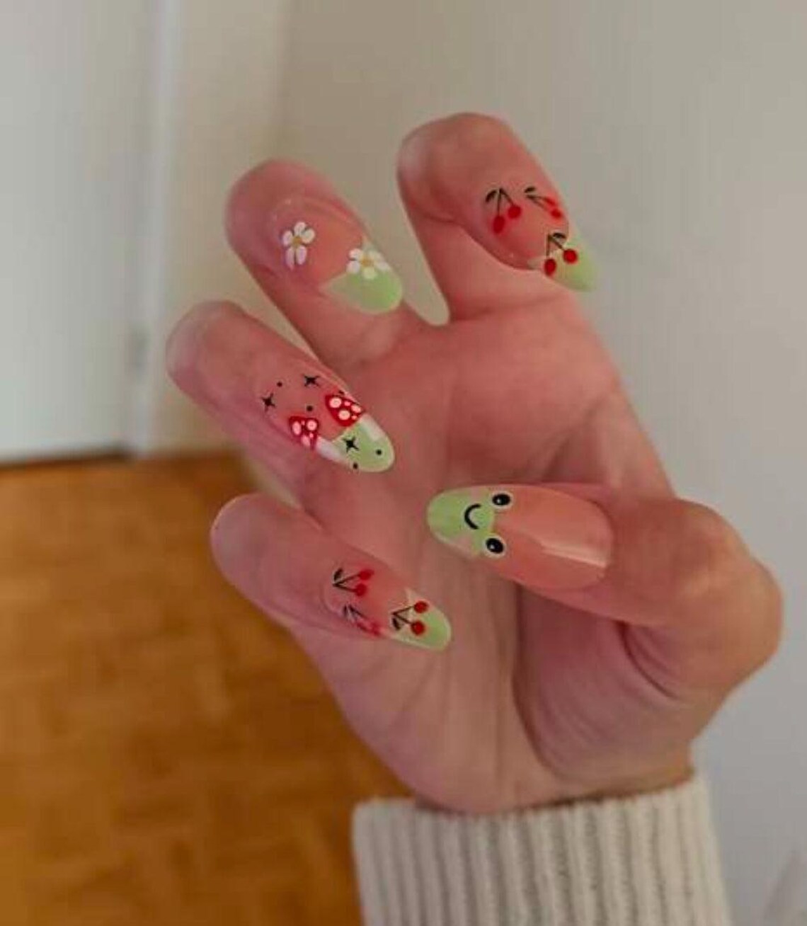 24pc Almond Nails With Green Froggy French Tips & Mushrooms - Etsy