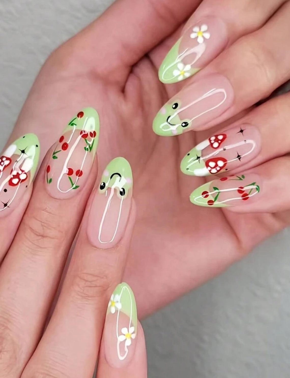24pc Almond Nails With Green Froggy French Tips & Mushrooms - Etsy