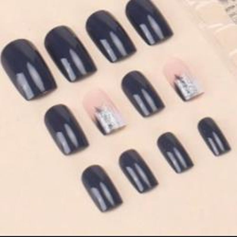 24pc Short Square Nails Set in Dark Grey/blue With Sparkle Accent Nails ...