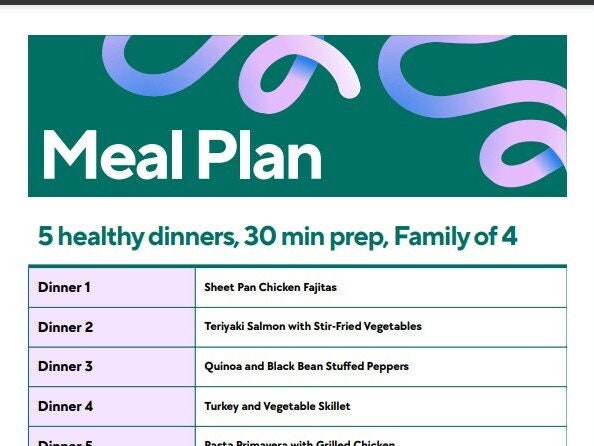 5 Dinner Meal Plan for Family of 4, 30 Min Prep, Plan 1 - Etsy