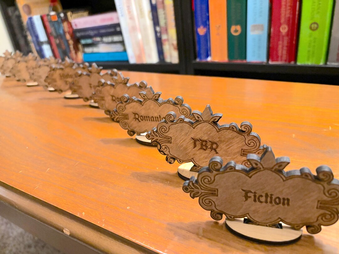 Book Genre Shelf Signs - Standing Wooden Signs for Home Library Shelves ...