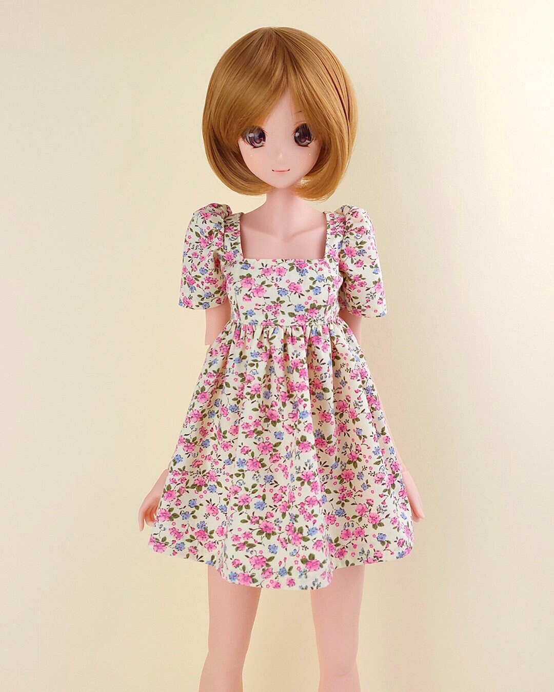 Cottagecore Short Mini Babydoll Puffy Gathered Dress Pink Floral Flower ...