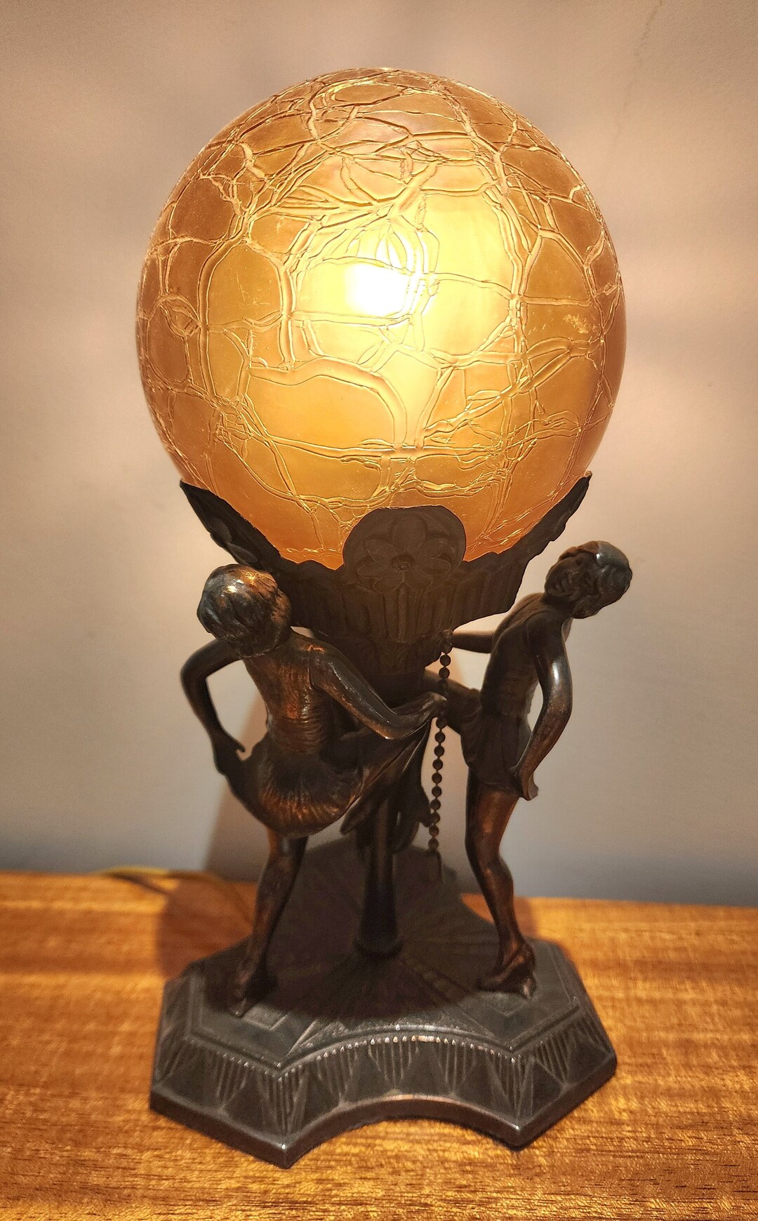 1930s Vintage Art Deco 3 Dancing Nymphs Spelter Lamp, Original Amber ...