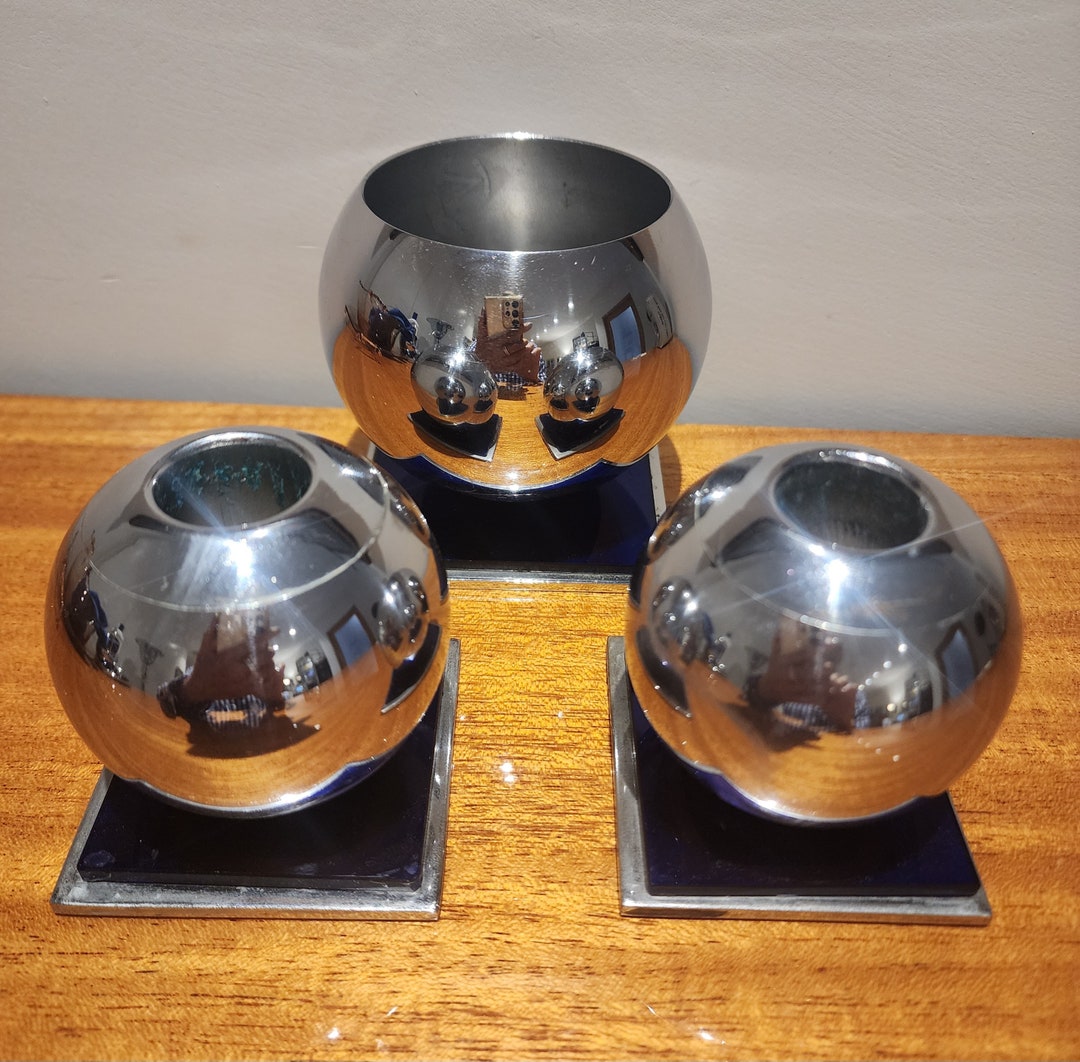 Chase Art Deco Russel Wright 1930s Chrome and Cobalt Blue Vase and Candle Holders - Etsy