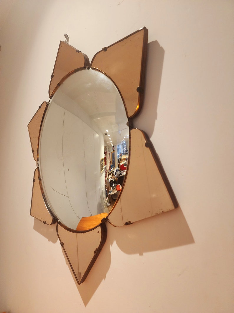 1930's Convex Art Deco Peach Glass Beveled Venetian Round Petal Mirror ...