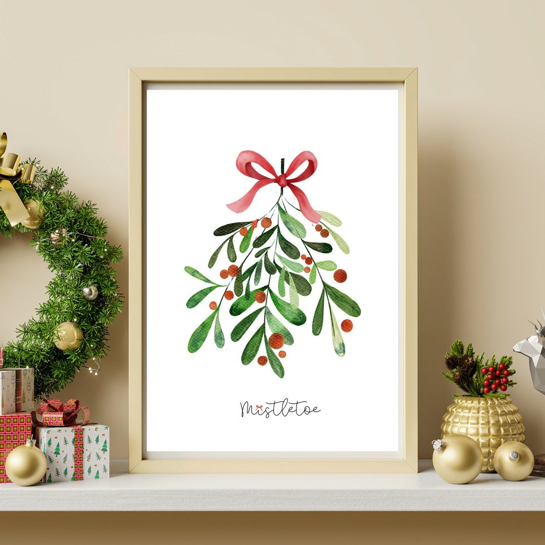 Watercolor Mistletoe With Red Bow | Printable Digital Art - Etsy