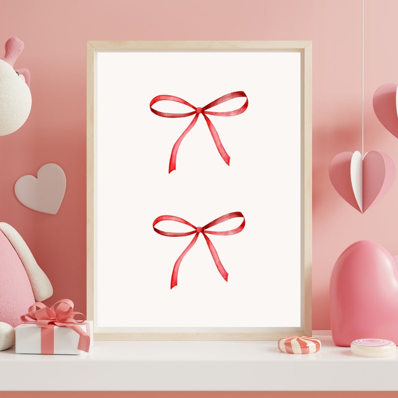 Thin Red Bows Watercolor Painting | Printable Digital Print - Etsy