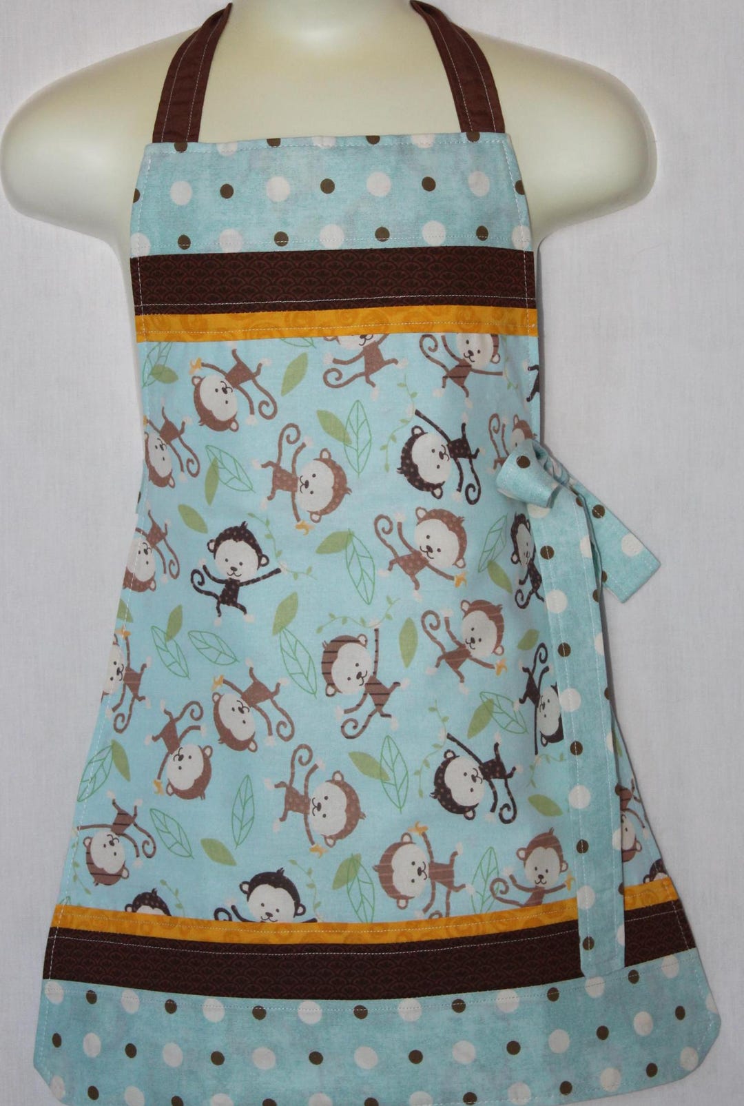 Kids Monkey Apron. Blue With Monkey's and Polka Dot Trim in Blue, Brown ...
