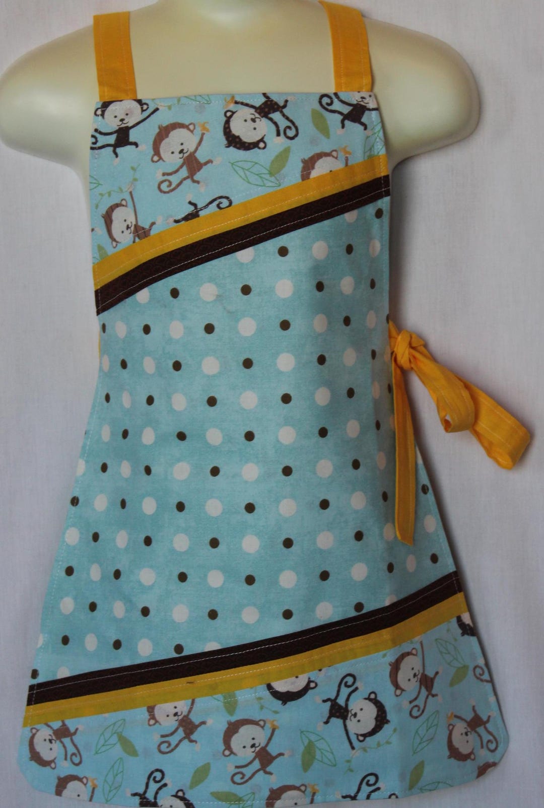 Kids Monkey Apron. Blue With Brown and White Polka Dot Body, Monkey ...