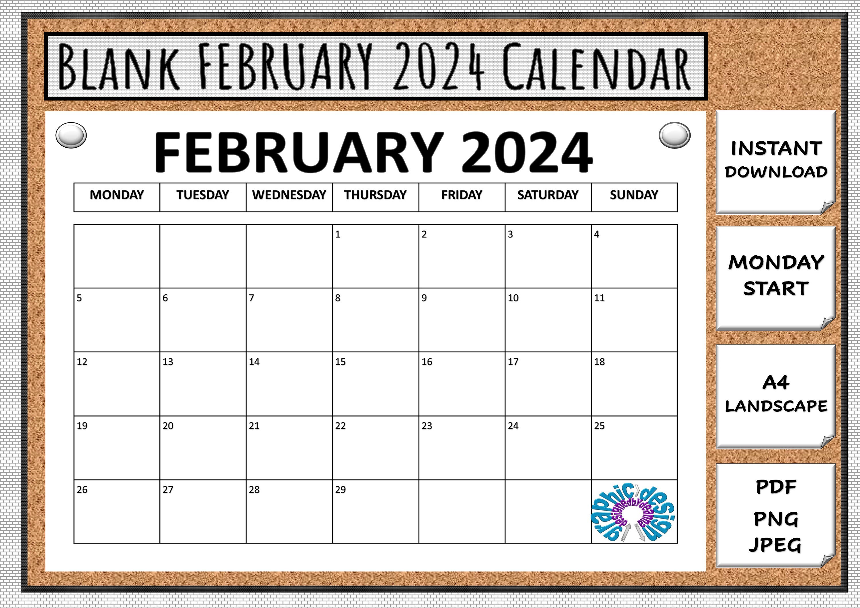 February 2024 Landscape Blank Monthly Calendar Download - Etsy