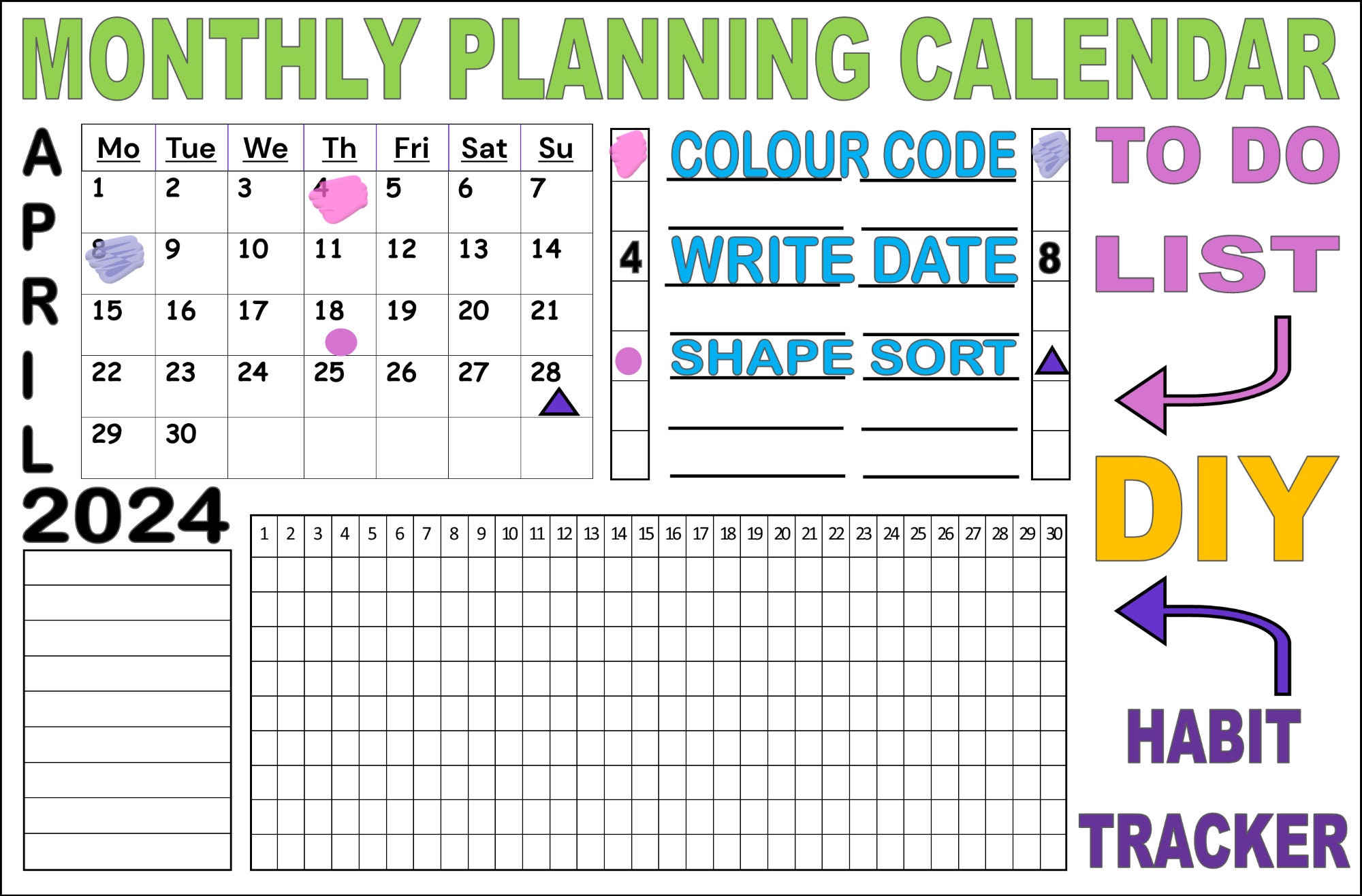 April 2024 Monthly Calendar Planner Tracker to Do List A4 Landscape - Etsy