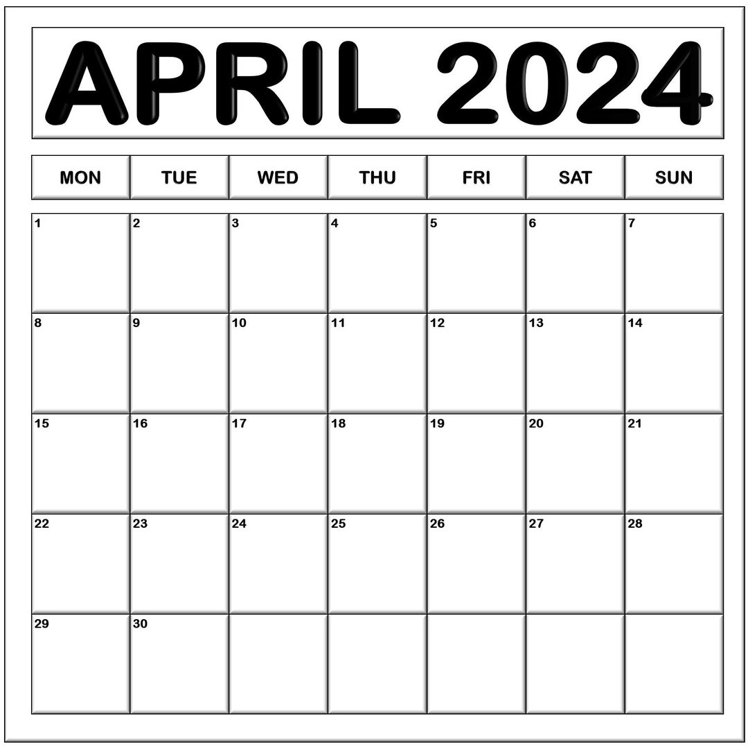 April 2024 Square Blank Calendar 12x12in Downloadable Printable Monthly ...