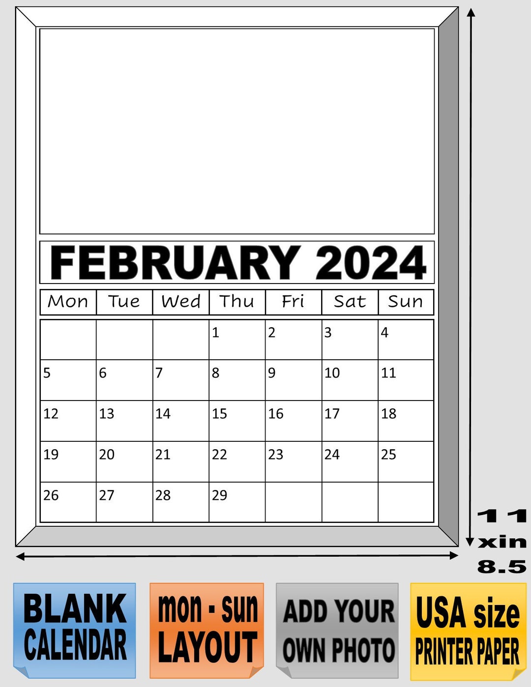FEBRUARY 2024 8.5x11in Blank Calendar, USA Printer Paper Size, 3d ...
