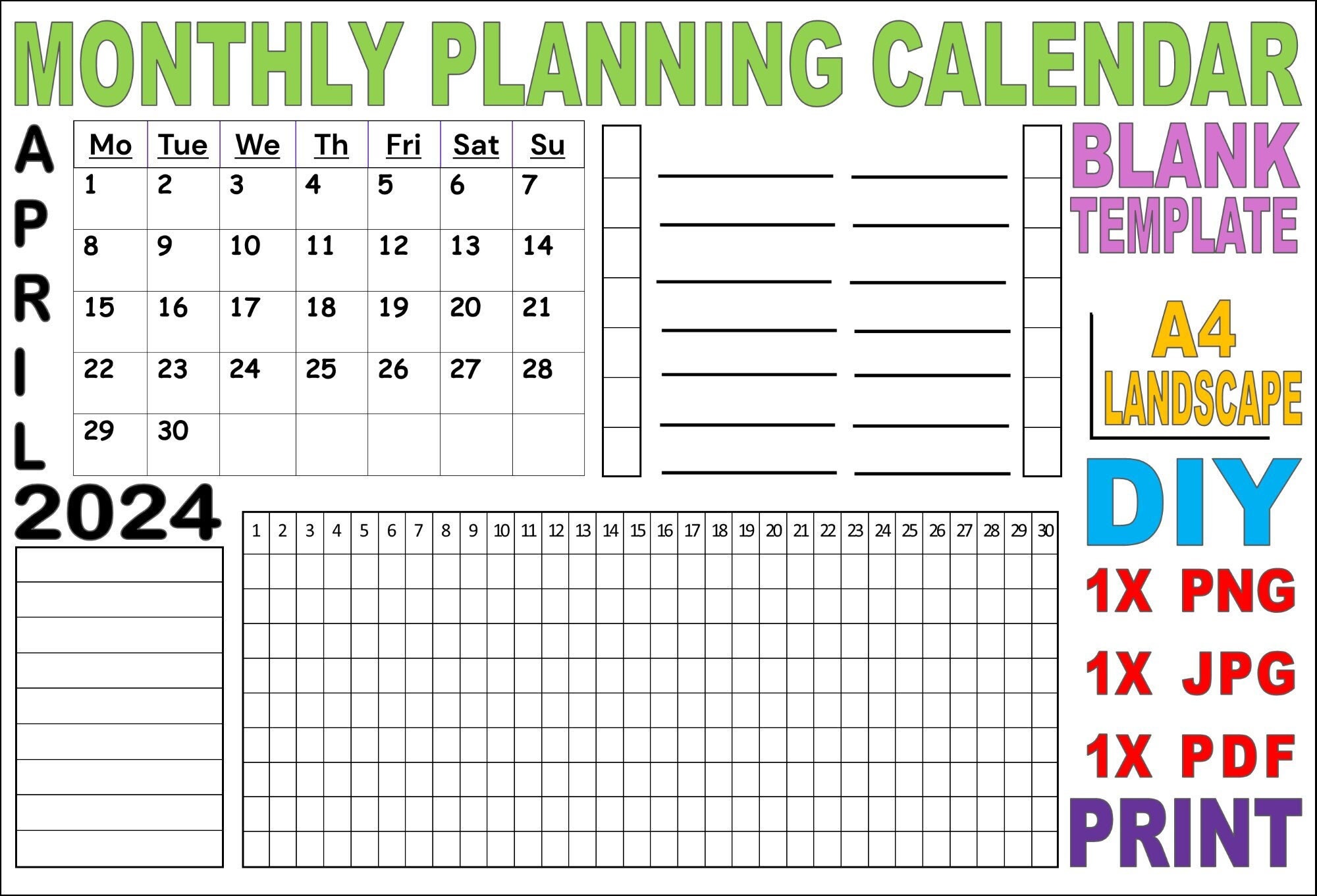 April 2024 Monthly Calendar Planner Tracker to Do List A4 Landscape - Etsy
