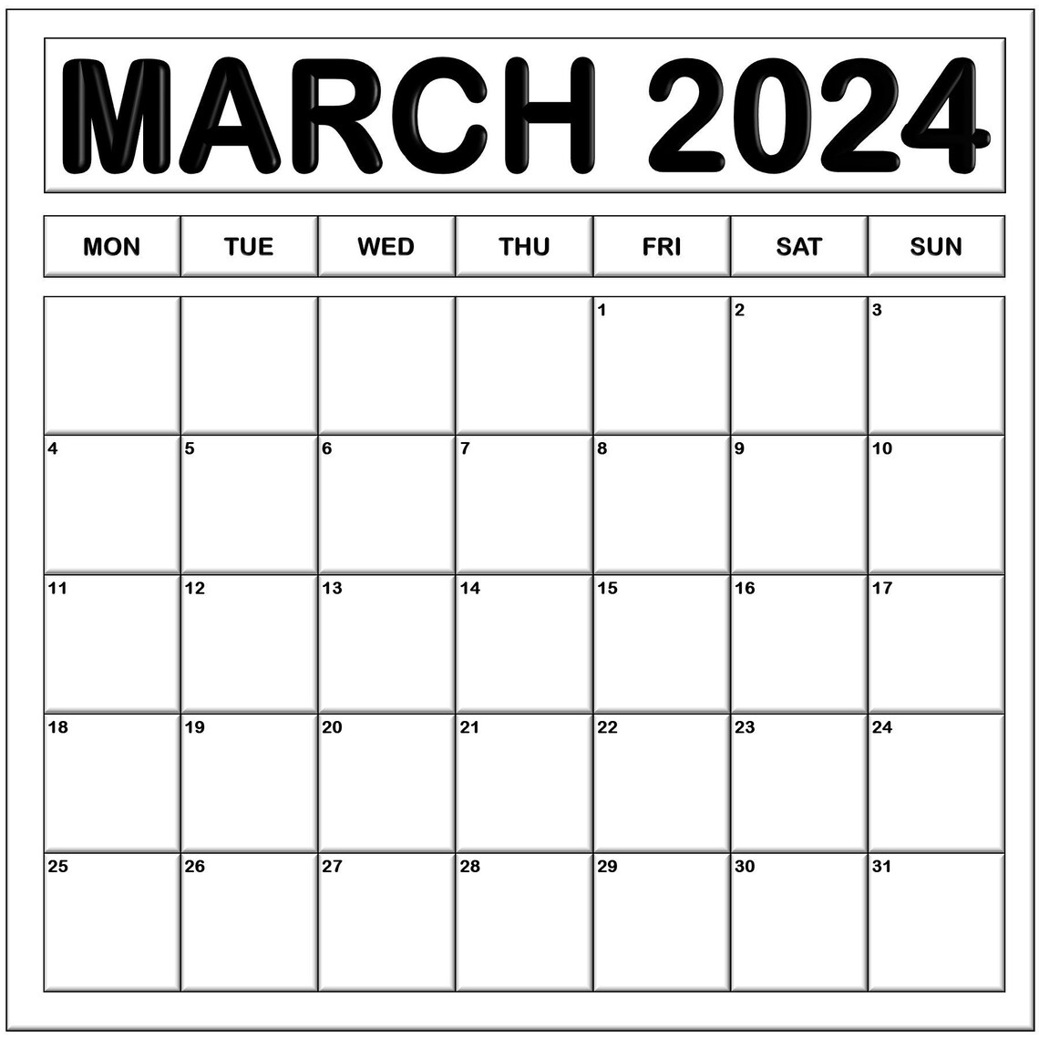March 2024 Square Calendar Downloadable Printable 12x12in Blank ...