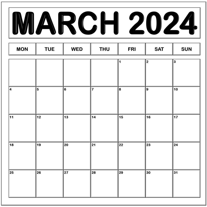 March 2024 Square Calendar Downloadable Printable 12x12in Blank ...