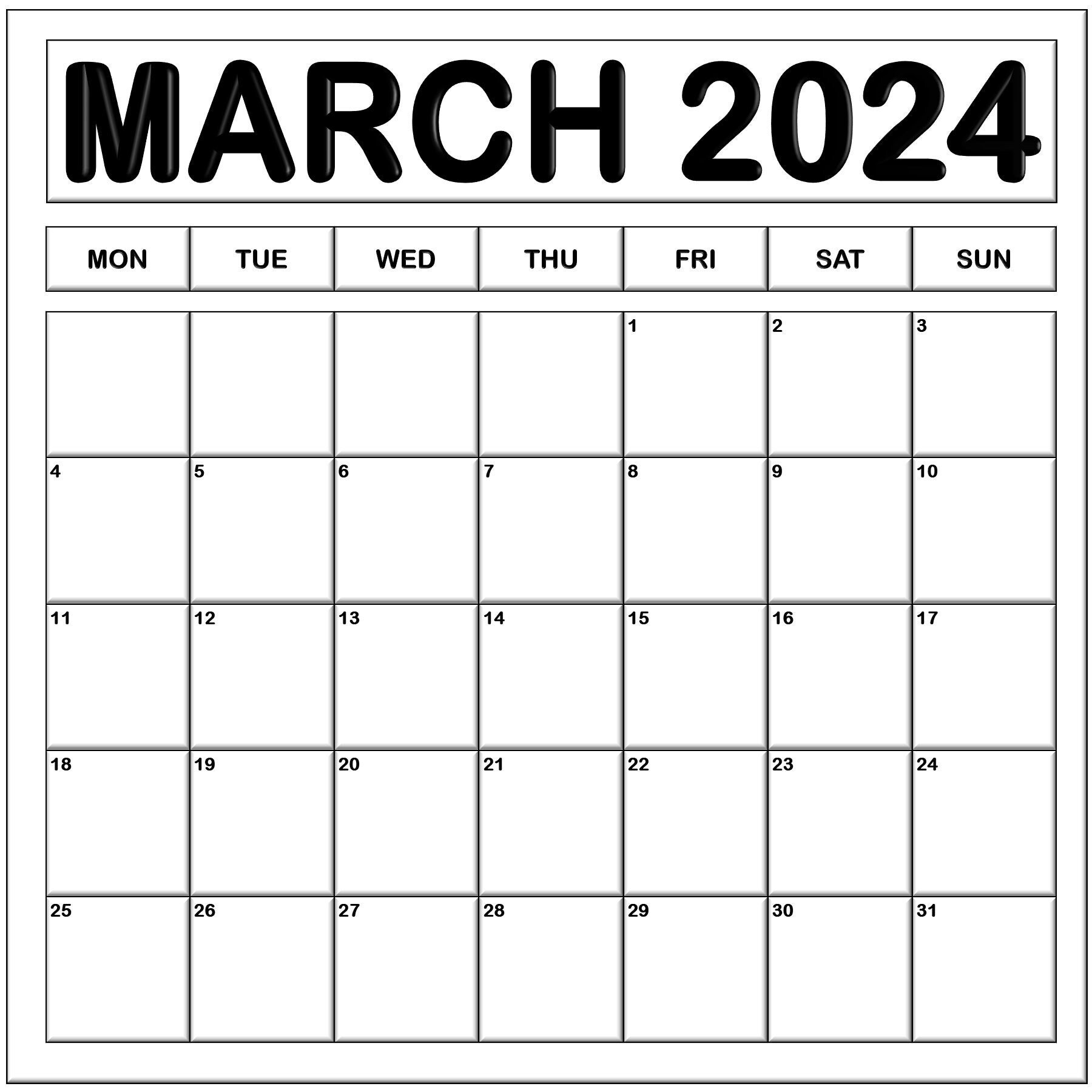 March 2024 Square Calendar Downloadable Printable 12x12in Blank ...