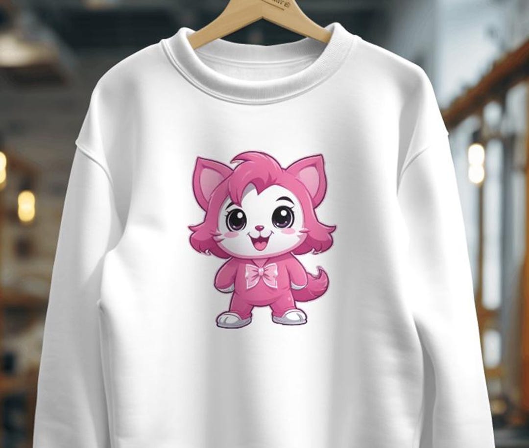 Cute Pink Cartoon Cat Digital Design for Sweatshirt Kawaii Feline ...