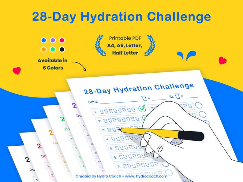 28-day Hydration Challenge Printable: Water Tracker (PDF) - Etsy