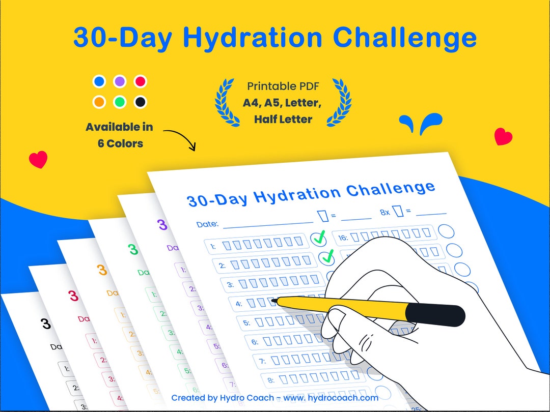 30-day Hydration Challenge Printable: Water Tracker (A4, A5, Letter ...
