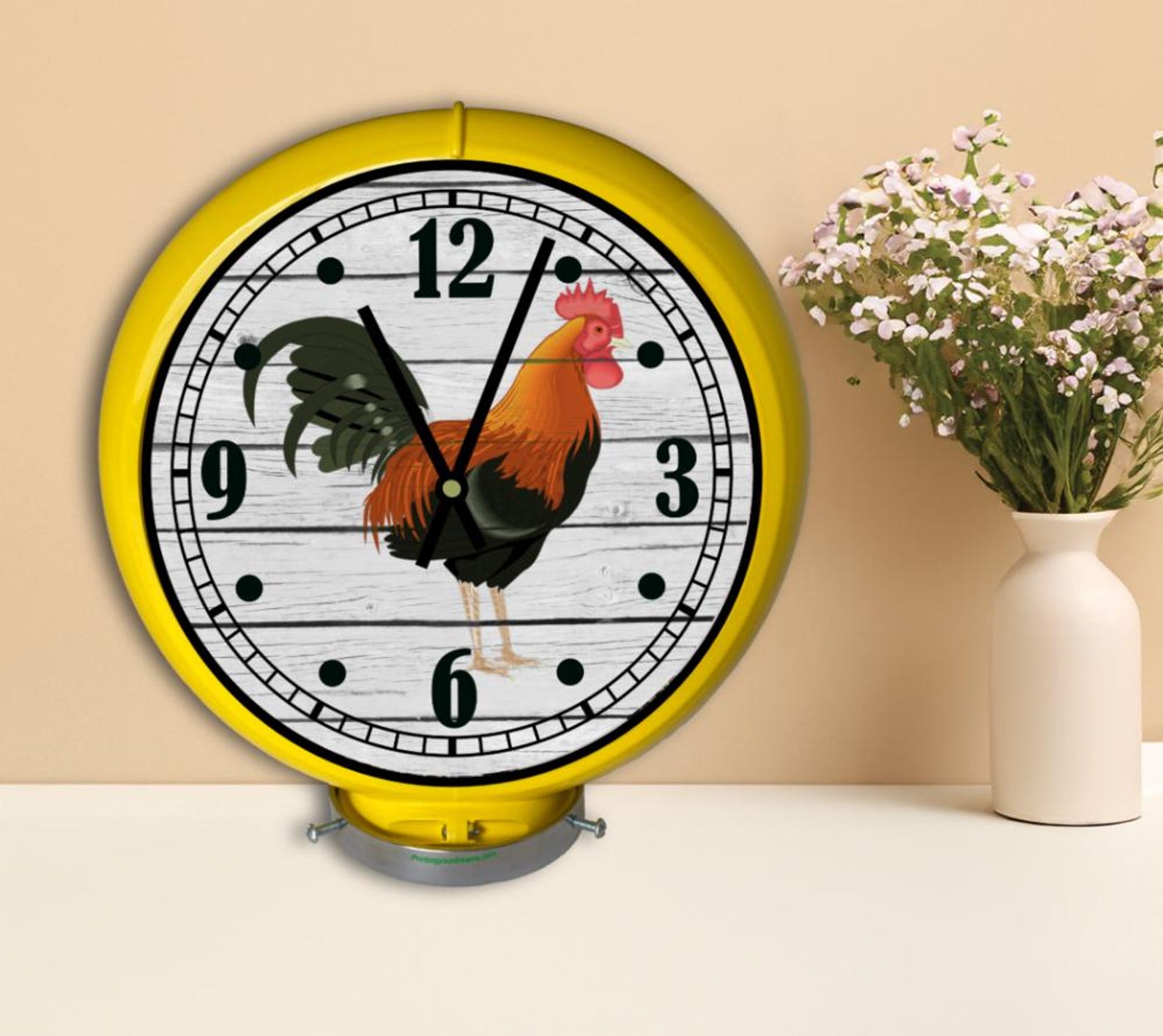 Rooster Chicken, Yellow Gas Pump Clock Globe Advertising Style Quartz ...