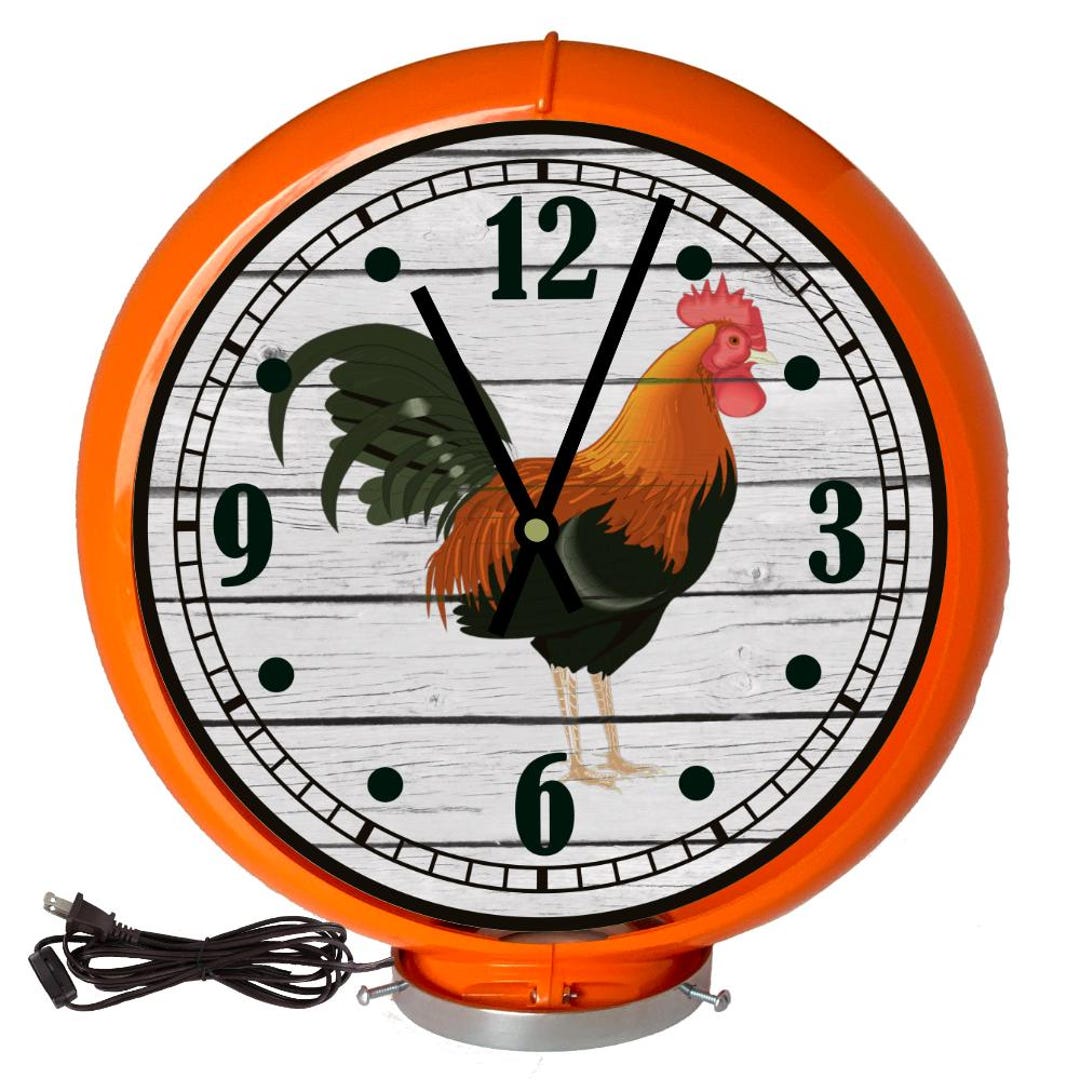 Rooster Chicken, Orange Gas Pump Clock Globe Advertising Style Quartz ...
