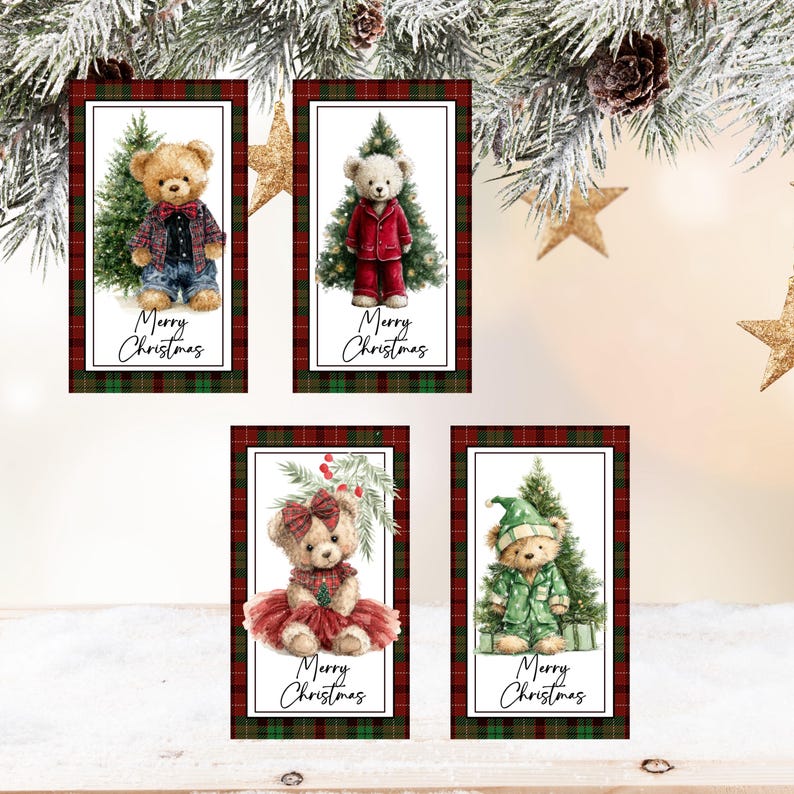 Red Plaid Teddy Bear Christmas Gift Tags, Printable Tartan Holiday Tags ...
