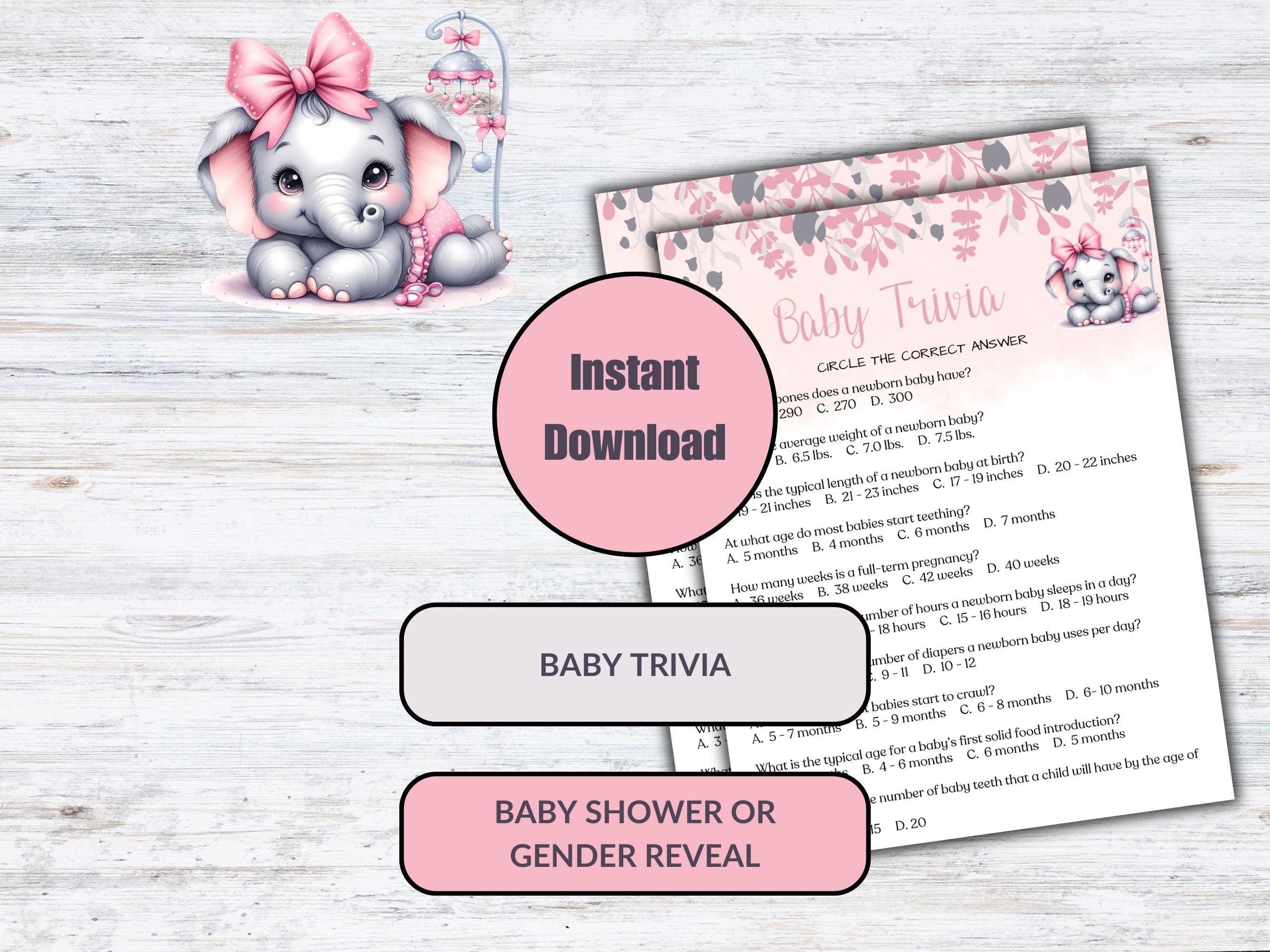 Baby Trivia Game, Baby Shower Game, Digital Download, Girl Elephant ...