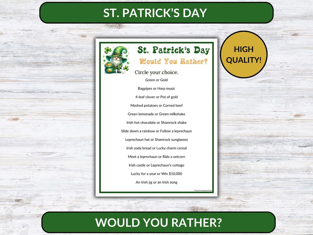 St Patricks Day Would You Rather Game, Fun Printable, Party Icebreaker ...